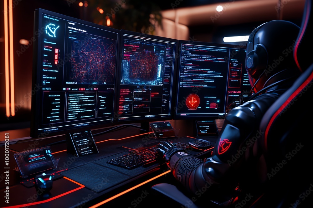 Hyper-realistic scene of a hacker breaking into a high-security network ...