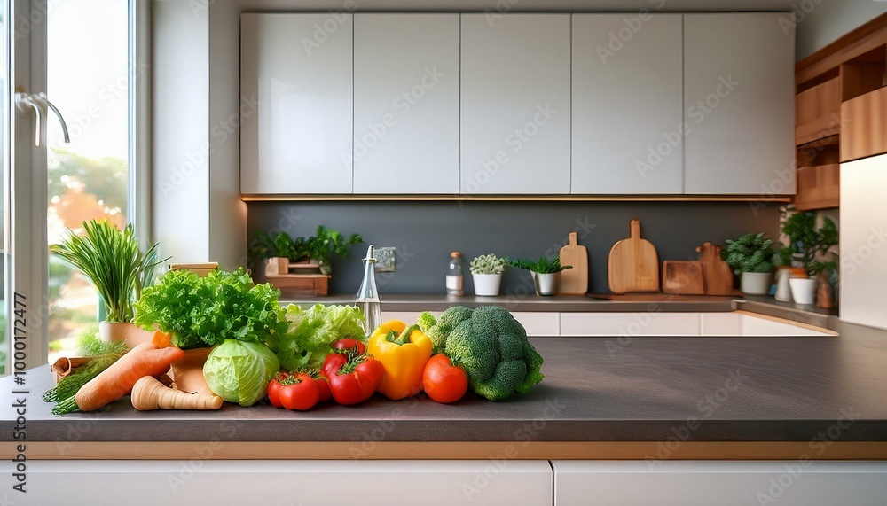 Contemporary kitchen front view, fresh vegetables just bought in a ...