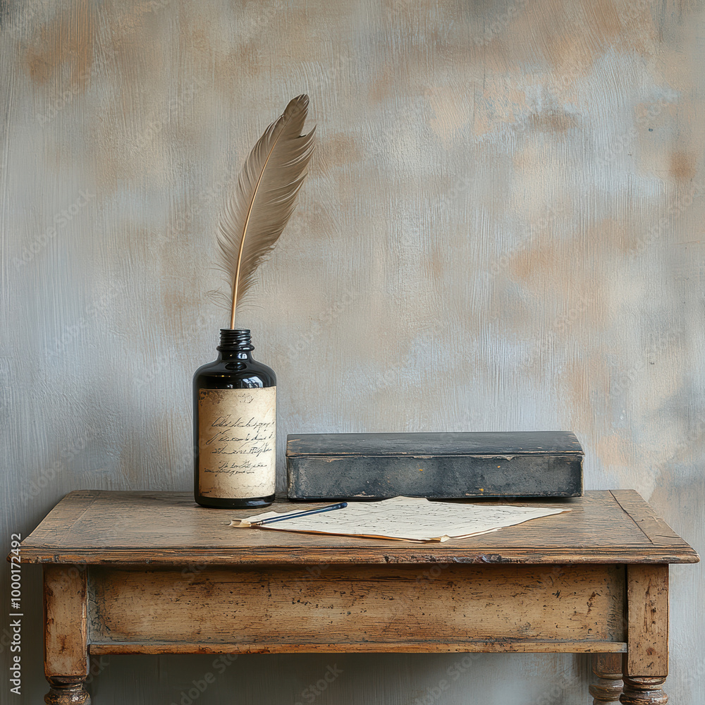 old fashioned writing table featuring ink bottle, quill feather, and ...