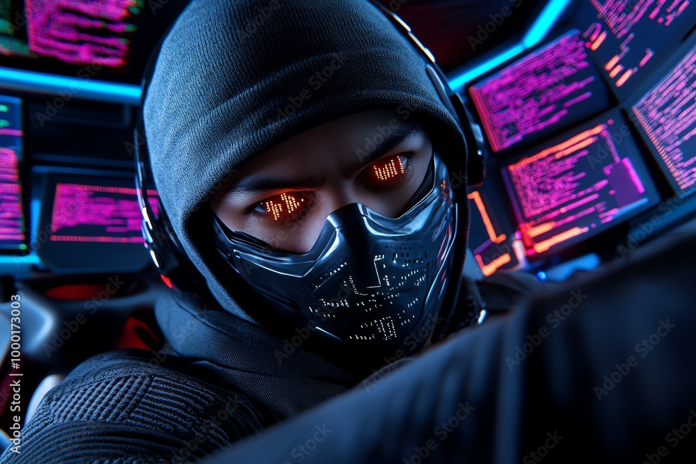 Hyper-realistic shot of a hacker wearing a mask, sitting in front of a ...