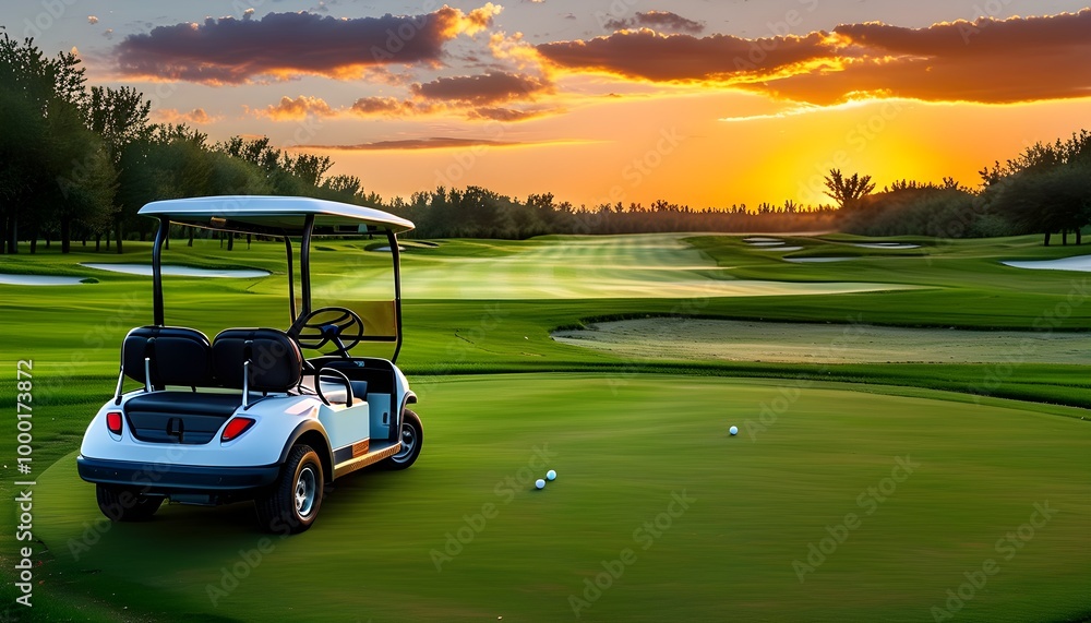 Golf cart cruising the fairway on a lush green golf course under a ...