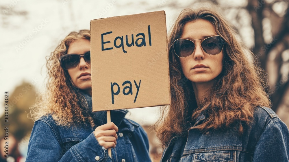 Equal pay, protest with women holding signs demanding wage equality ...