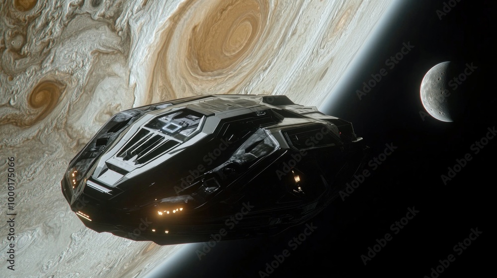 A futuristic spacecraft navigates the orbital path around a moon, with ...