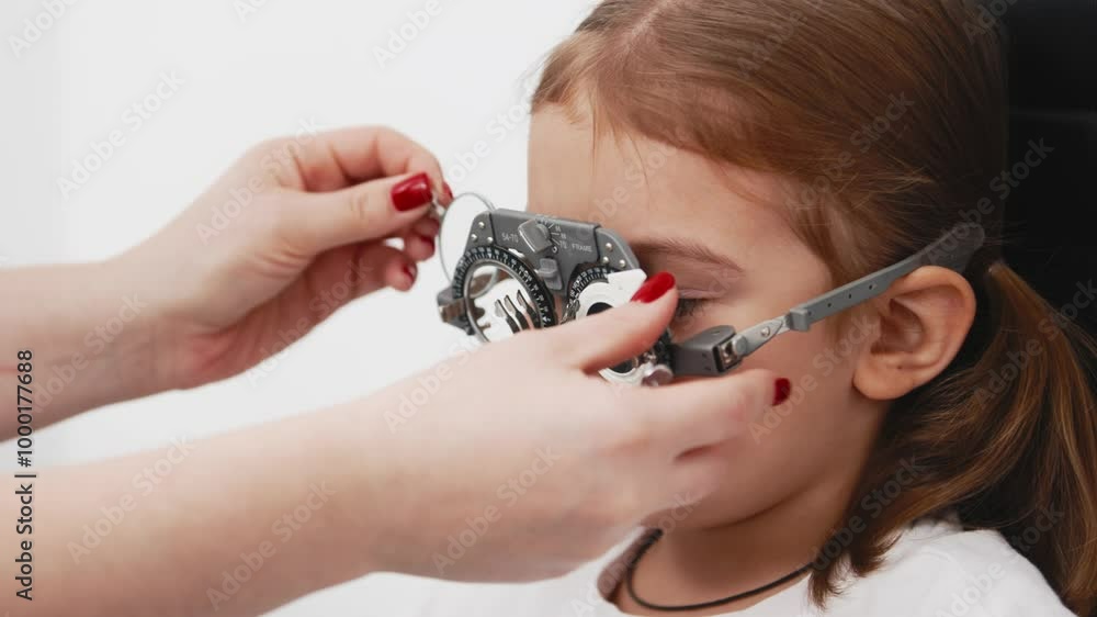 A doctor diagnosing a little girl’s vision and selecting lenses using a ...