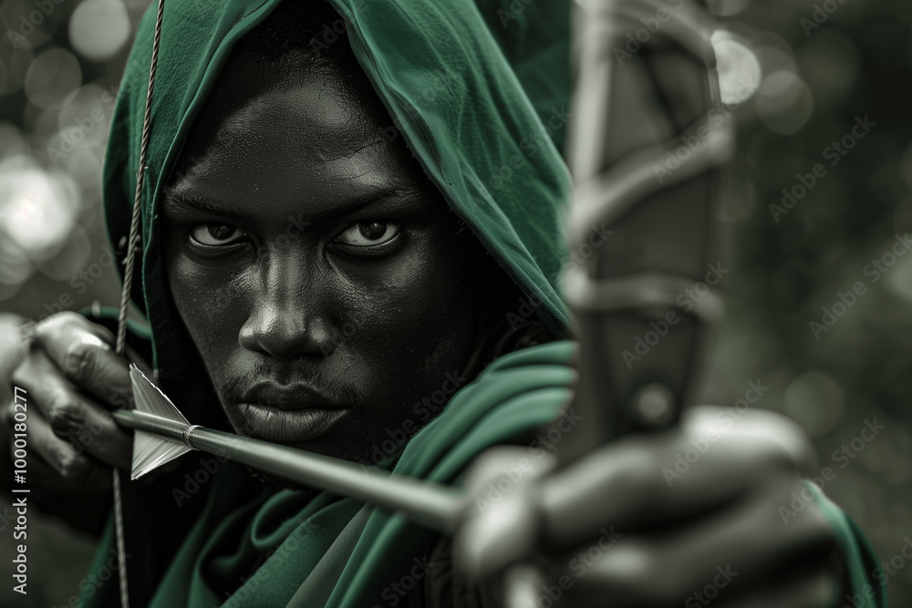 Monochrome portrait of a man in a green hood aiming a bow and arrow ...