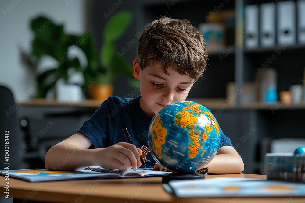 Interactive globe and geography textbook on a desk, with a student ...