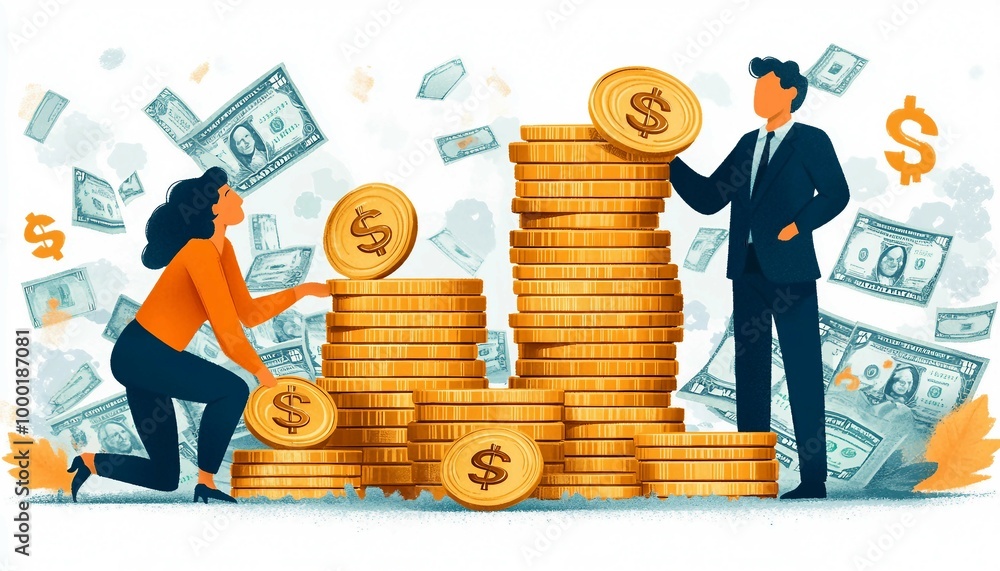 Family couple saving money. Man and woman inserting cash into glass jar ...