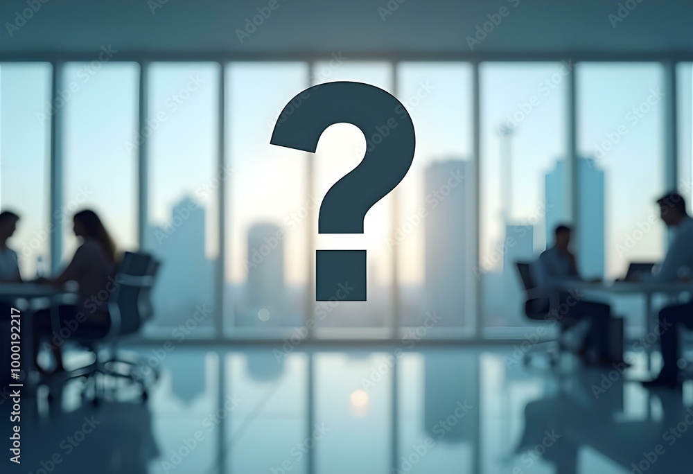 Large question mark in bold font in the center of a modern office ...