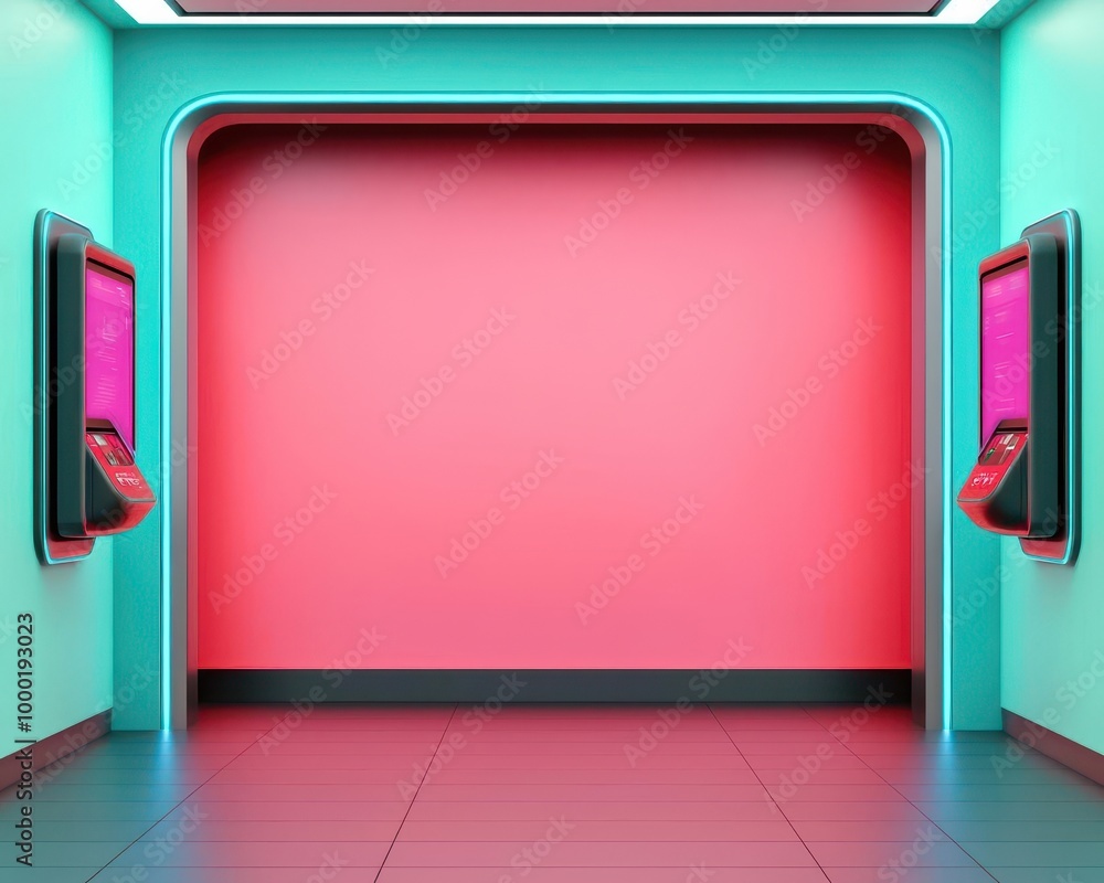 Futuristic bank lobby with automated teller kiosks, glass partitions ...