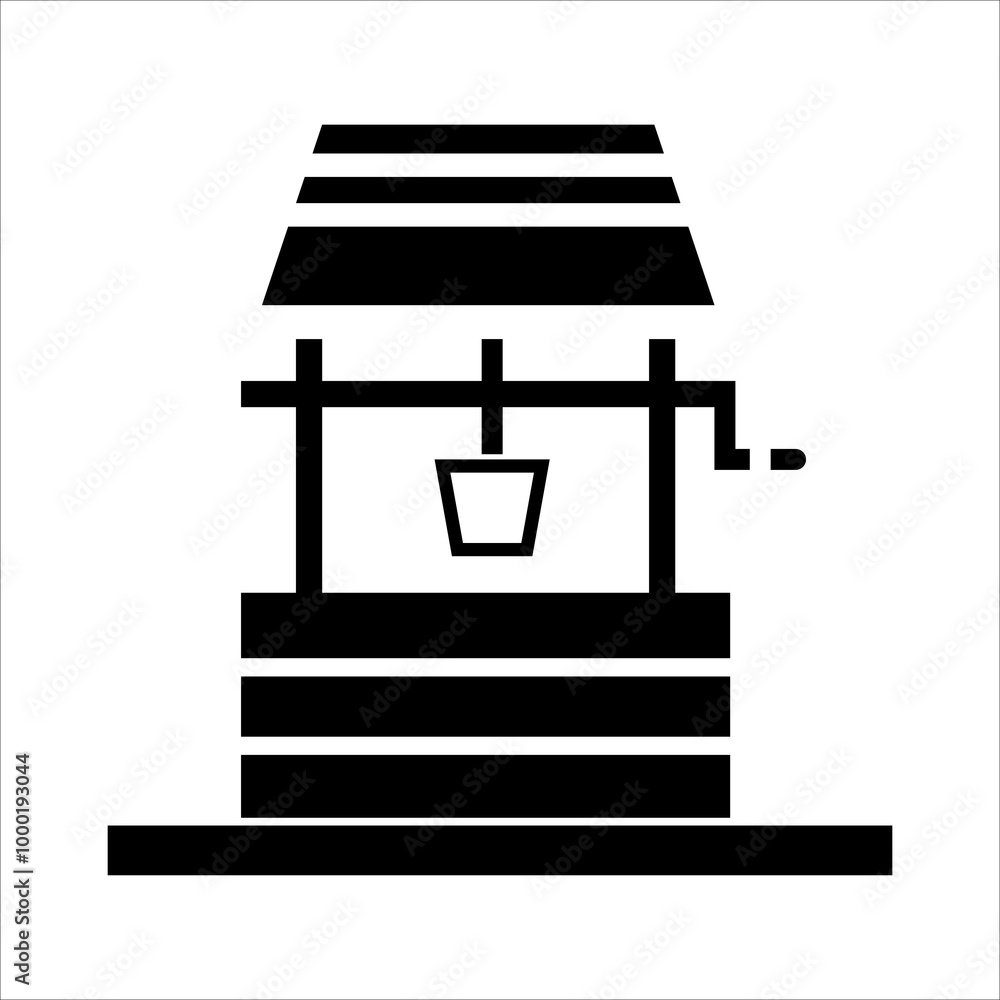 Traditional well icon, simple geometric shapes, bucket hanging, black ...