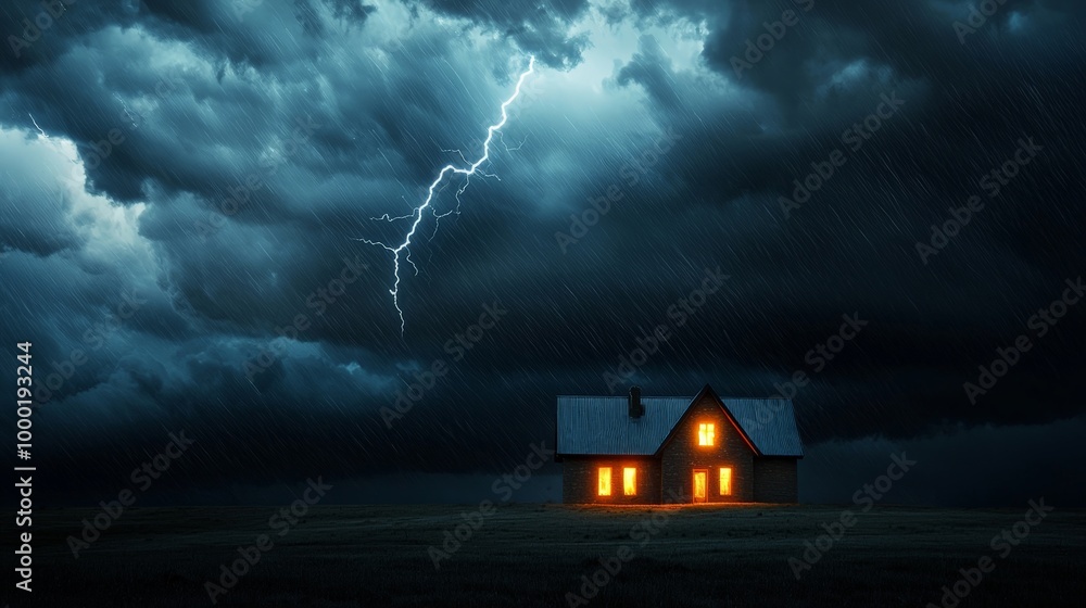 A rural house illuminated by frequent lightning strikes, while a ...