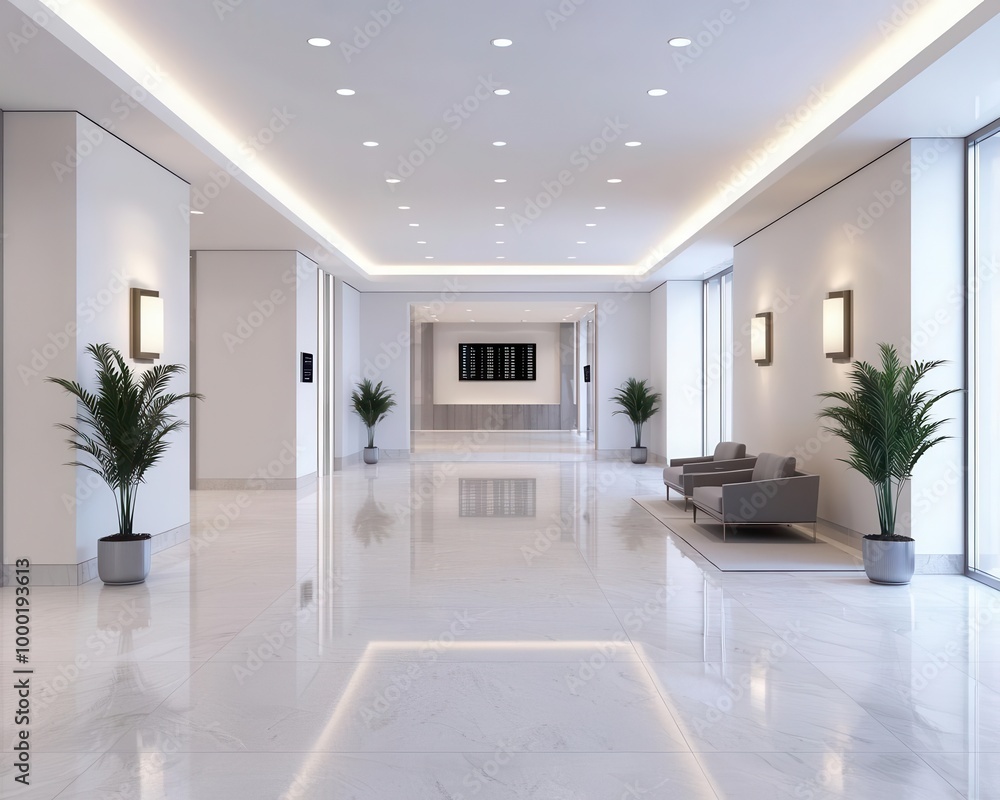 Corporate bank lobby with digital stock ticker displays, marble floors ...