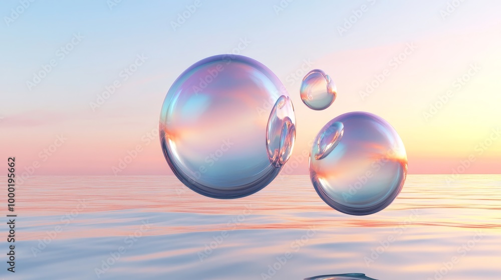 Iridescent bubbles float gently against a tranquil sunset sky ...