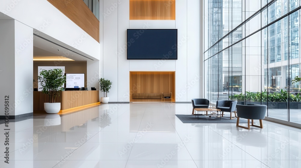 Corporate bank lobby with large glass walls, digital signage, and ...