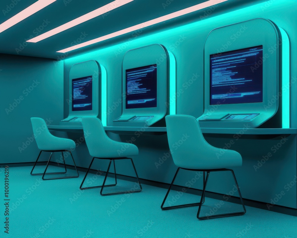 High-tech bank interior with automated teller machines, holographic ...