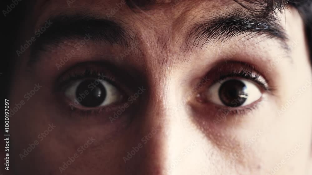 Man's eyes open wide in a close-up, showing a startled and surprised ...