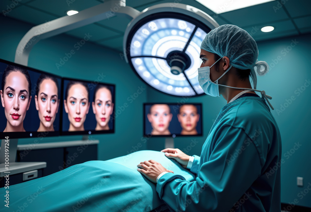 A high-tech operating room environment, with screens showing 3D images ...
