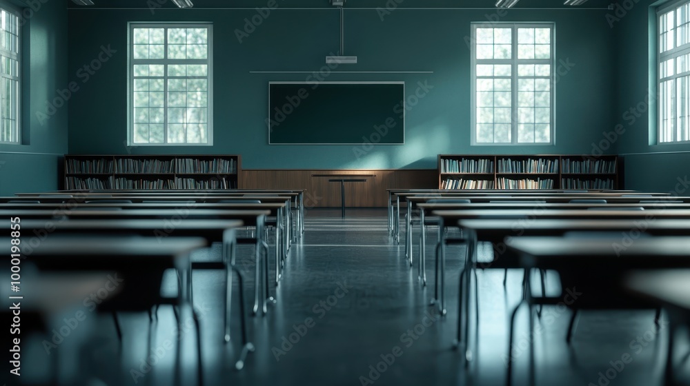 An empty classroom with desks, a blackboard, tall windows, and ...