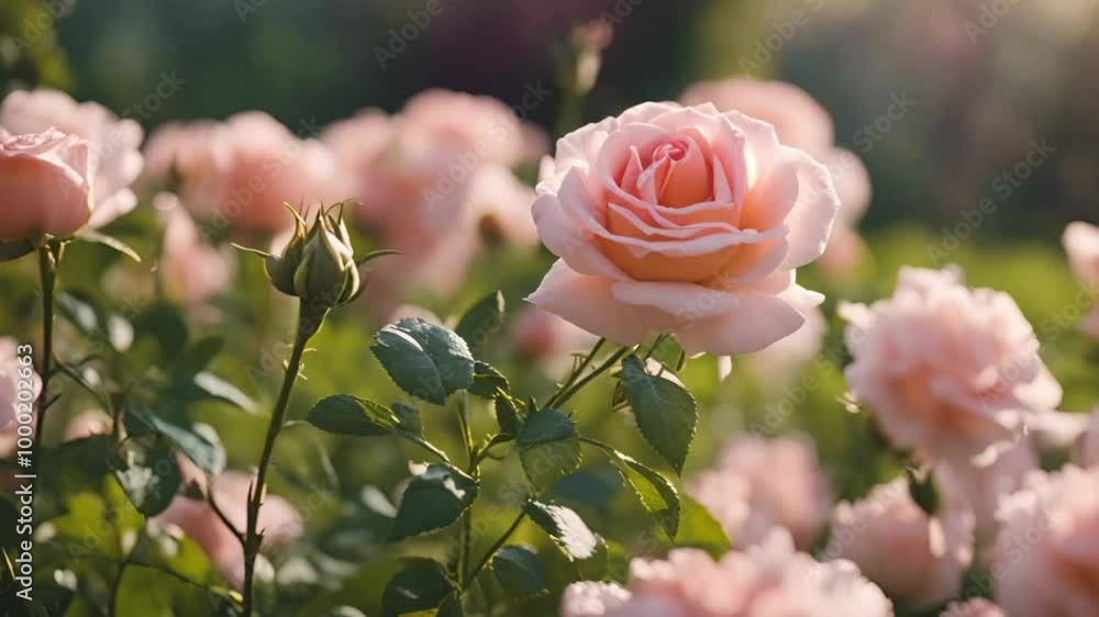 Delicate pink roses buds on a flowering shrub in spring, summer garden ...
