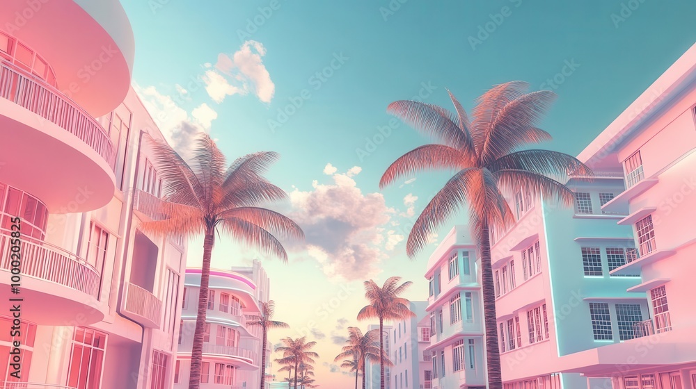 retrofuturistic miami beach scene with pastelcolored art deco buildings ...