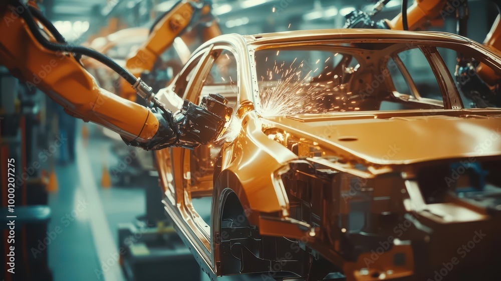 Fotografie, Obraz robotic arms welding car frame on futuristic assembly line sparks flying ...