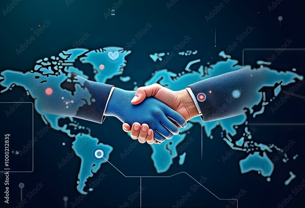 handshake icon overlaying a world map background, with connecting lines ...