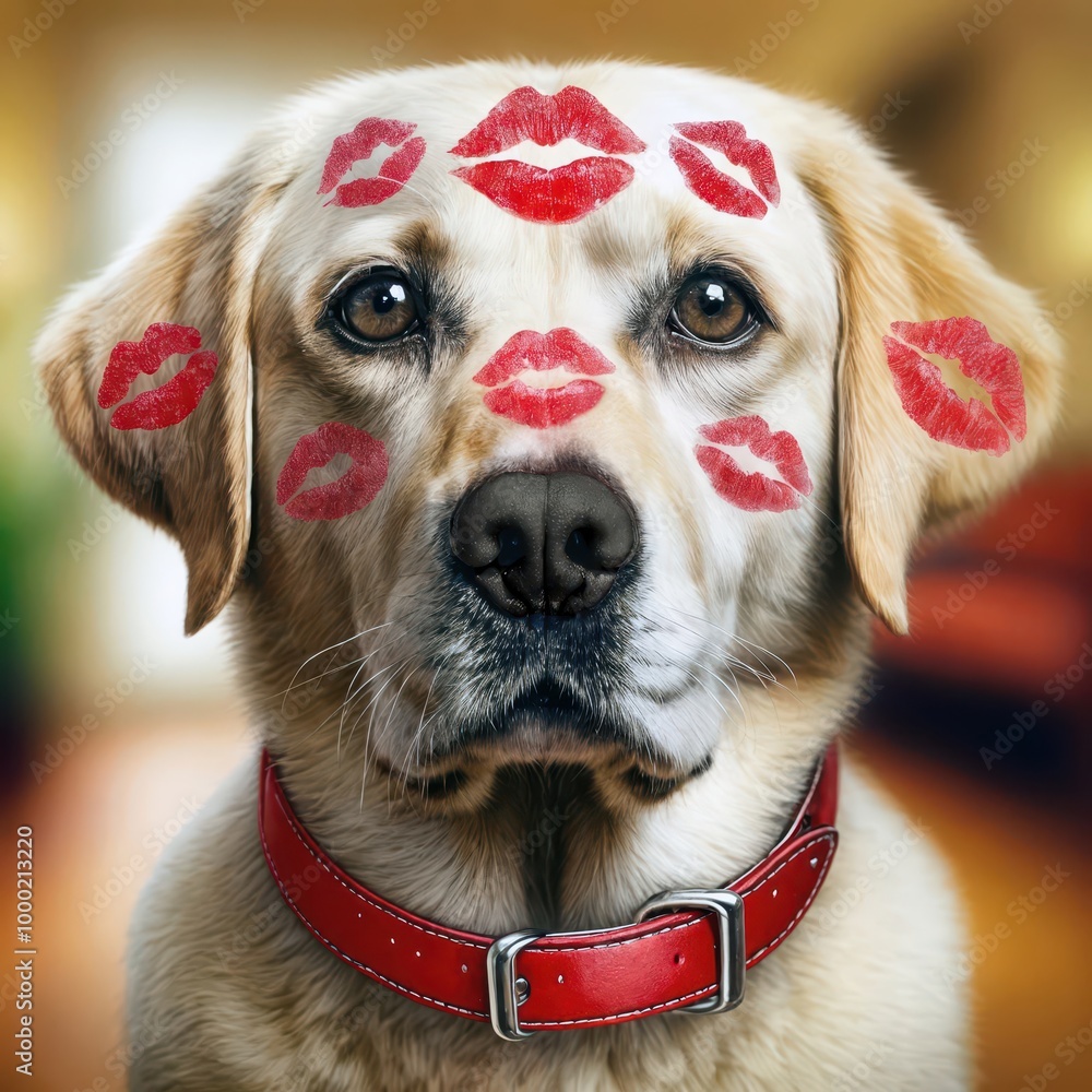 A close-up of a Labrador retriever dog with a red collar has multiple ...