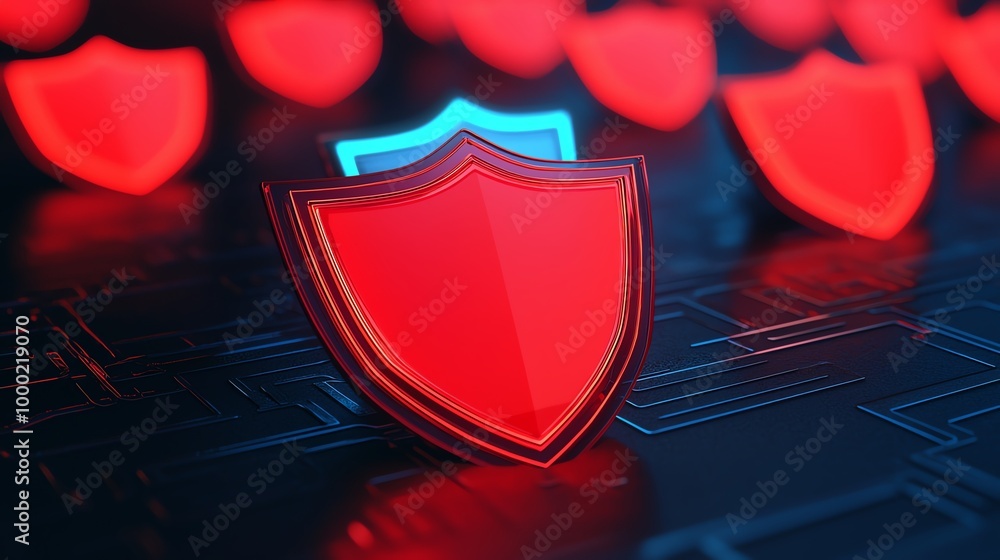 Red shield symbol on a futuristic blue circuit background, representing ...