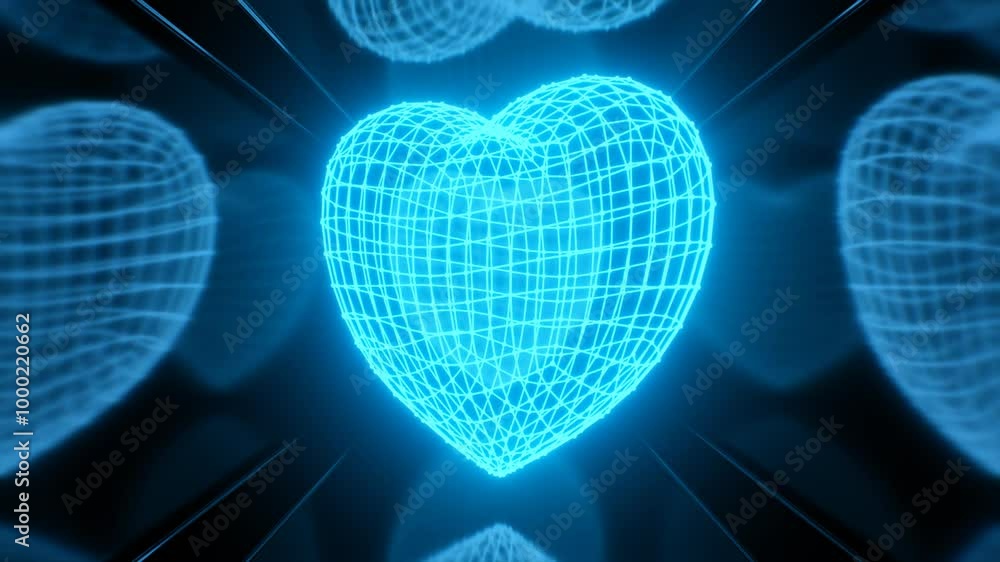 Abstract Blue Wireframe 3D AI Computer Heart Beating Inside Computer ...