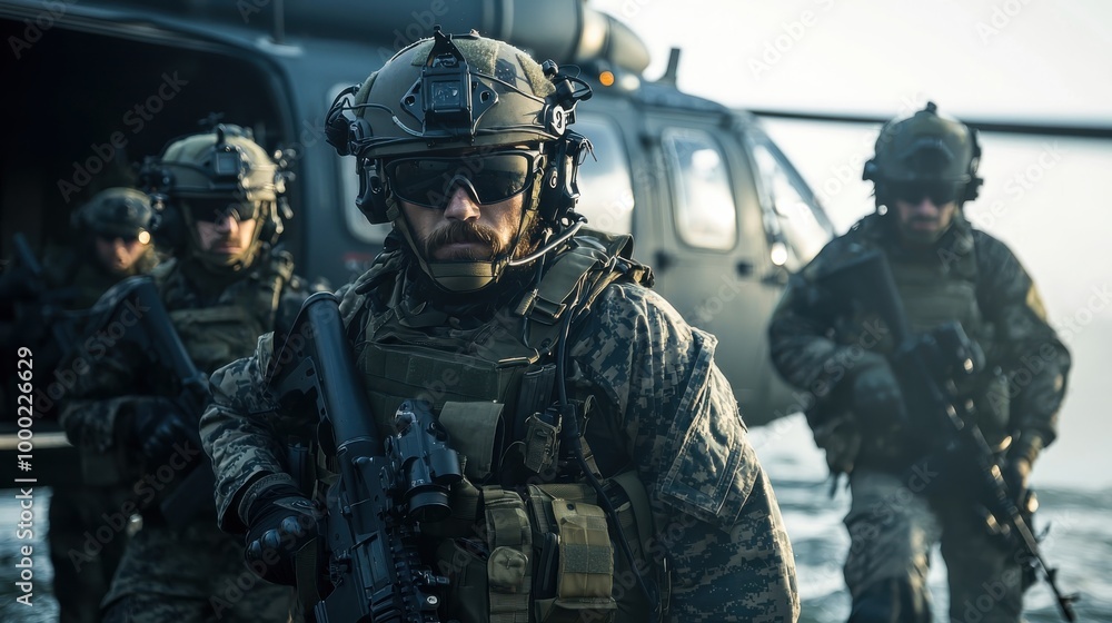 A group of Navy SEALs in full tactical gear, ready to deploy from a ...