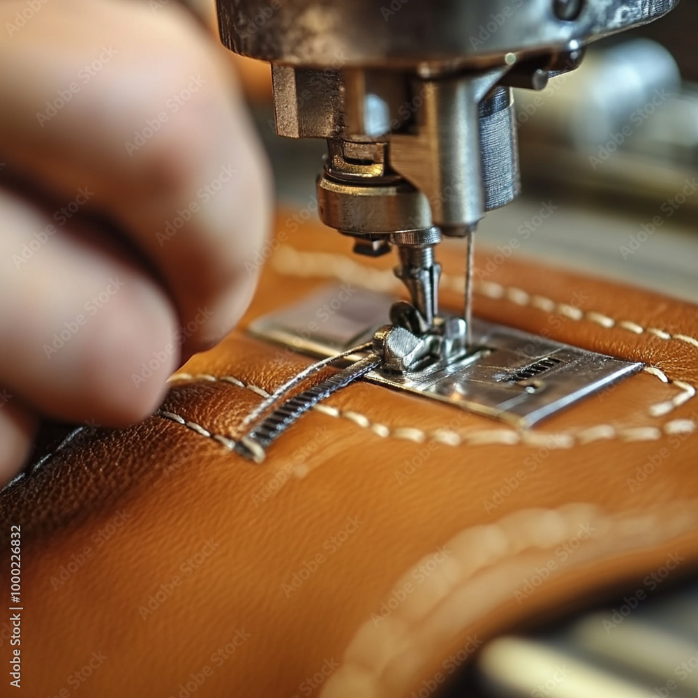 image captures close up view of person sewing leather, showcasing ...
