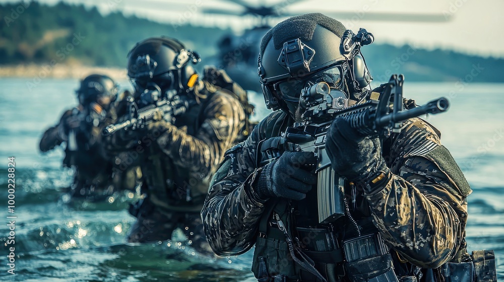 A group of Navy SEALs in full tactical gear, ready to deploy from a ...