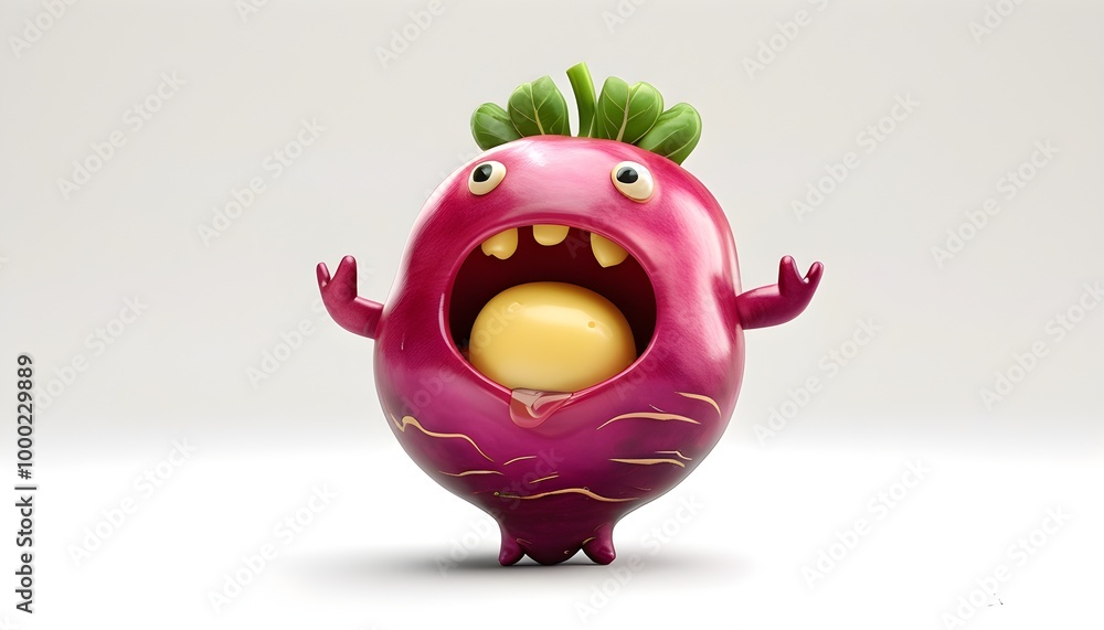Cute animated 3D cartoon beetroot with wide open mouth and steam rising ...