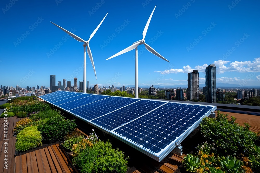 Rooftop garden with solar panels and wind turbines, combining ...