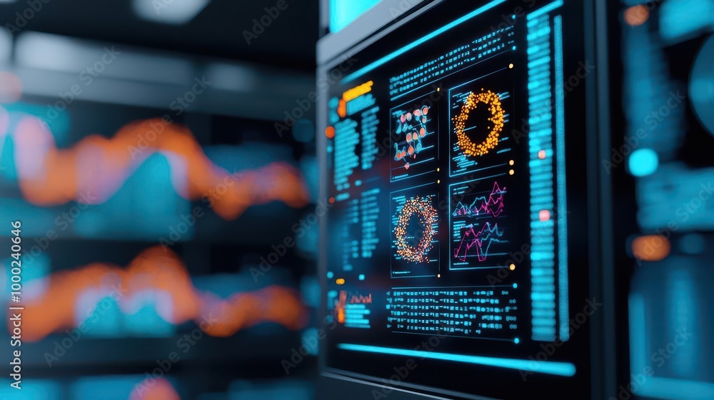 Close-up of predictive analytics software analyzing vast datasets, with real-time data ...