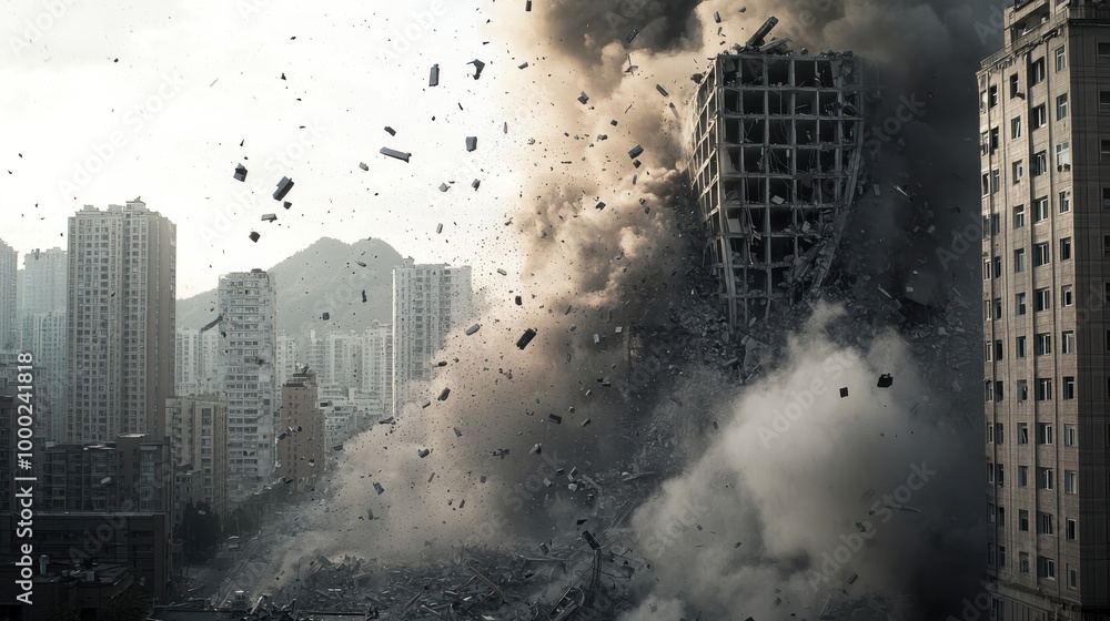 Skyscrapers and residential structures in mid-collapse, with debris and ...