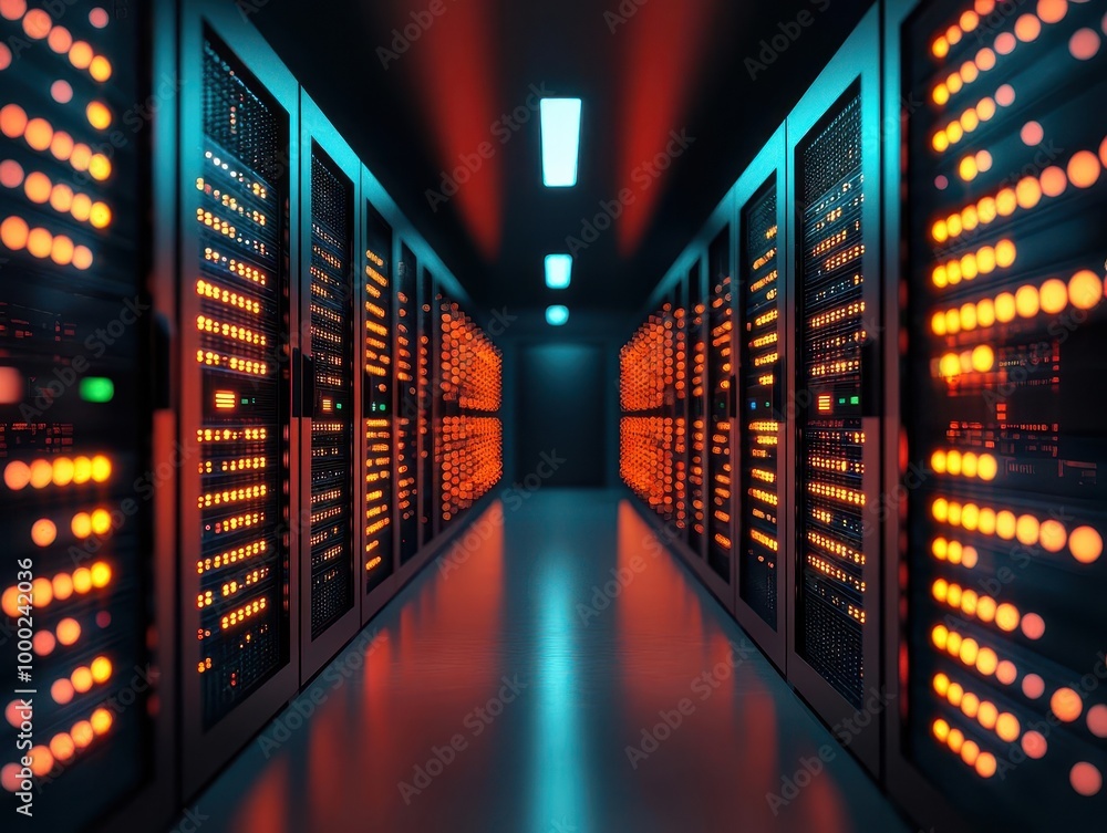 High-tech data center processing large datasets, predictive analytics systems analyzing trends ...