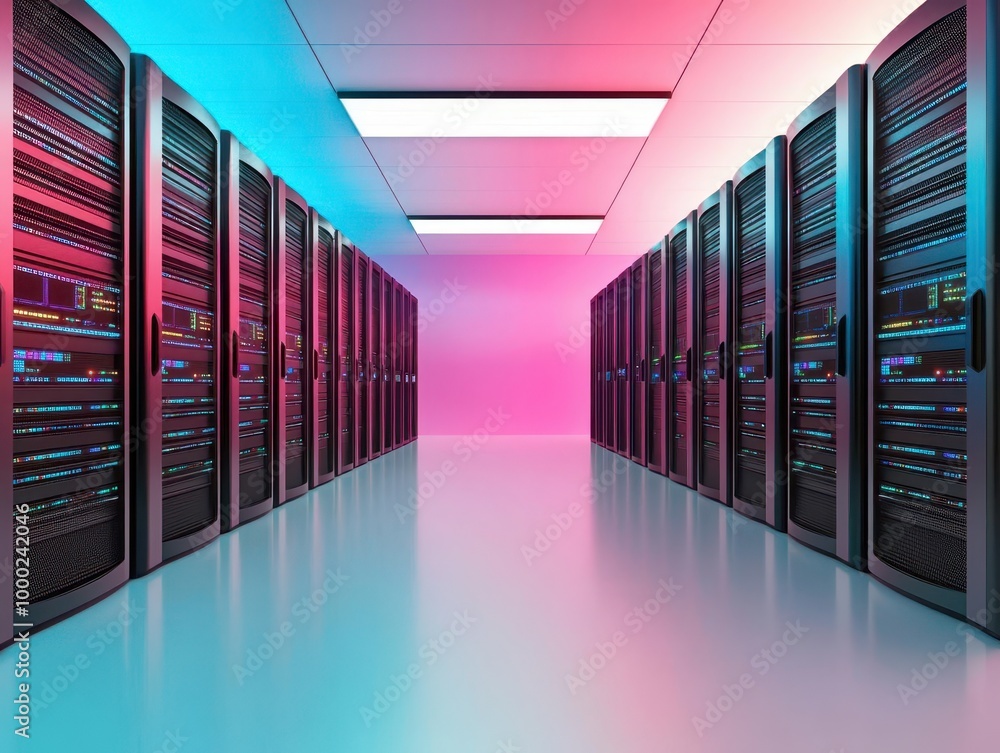 High-tech server room processing massive datasets for predictive analytics, representing the ...