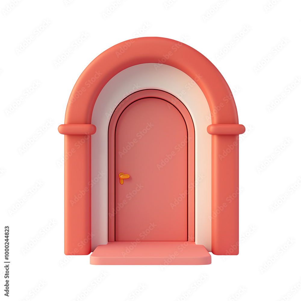 3D illustration of a pink arch door with a rounded frame and a golden ...
