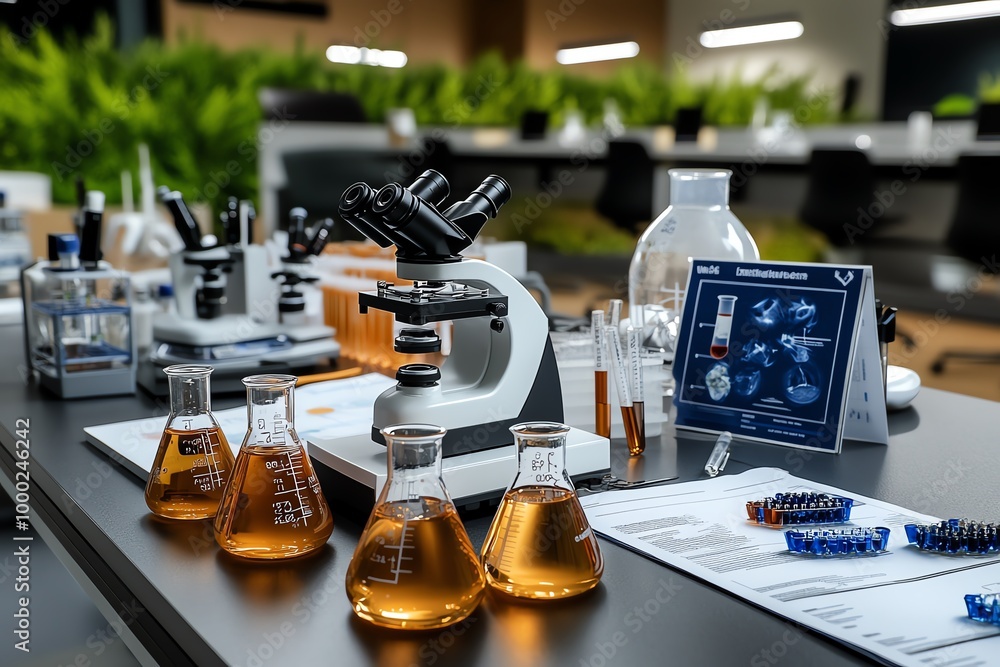 Set of science lab materials laid out on a table, including beakers ...