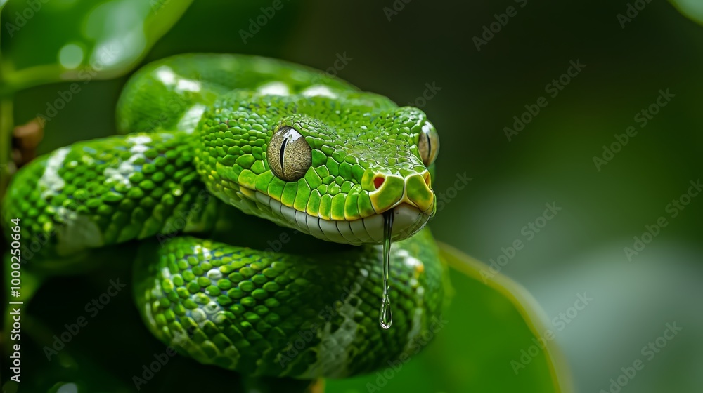 A tight shot of a verdant snake coiled on a leafy branch against an ...
