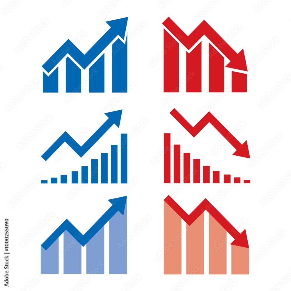 Graph going Up and Down sign with blue and red arrows vector set. Flat ...