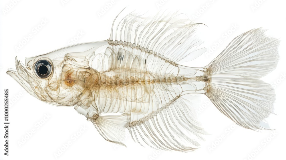 Transparent glassfish with a skeletal view and delicate fins, displayed ...