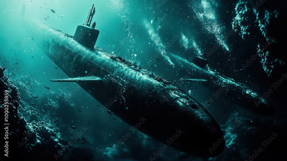 A dark and tense underwater scene featuring submarines maneuvering ...