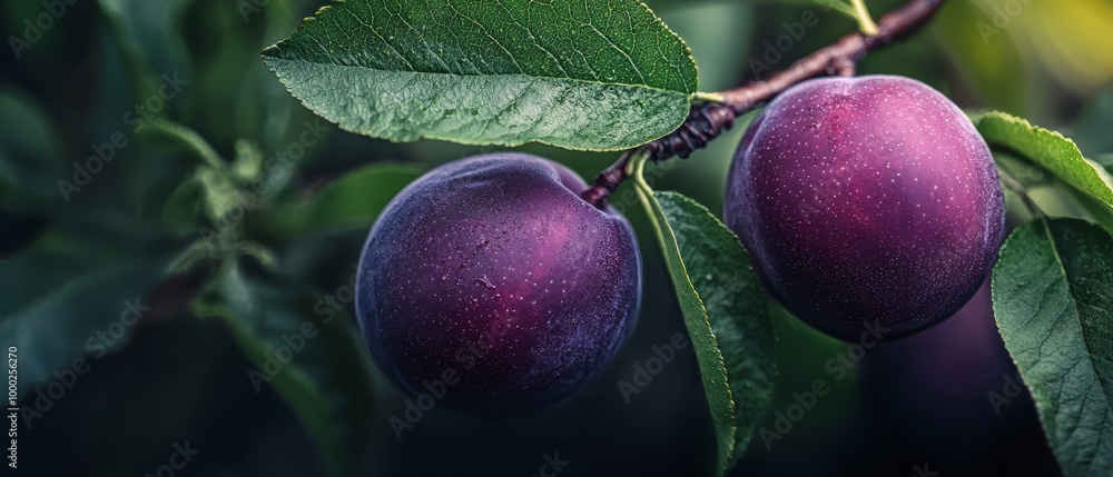 Two plums dangle from a tree branch, adorned with green leaves and ...