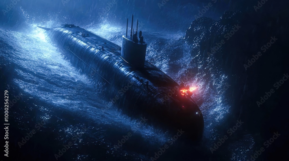 A dark and tense underwater scene featuring submarines maneuvering ...