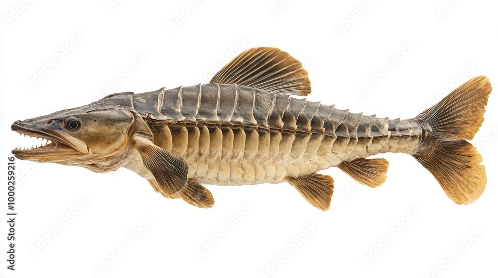 Atlantic sturgeon with bony plates on its body, isolated on white ...