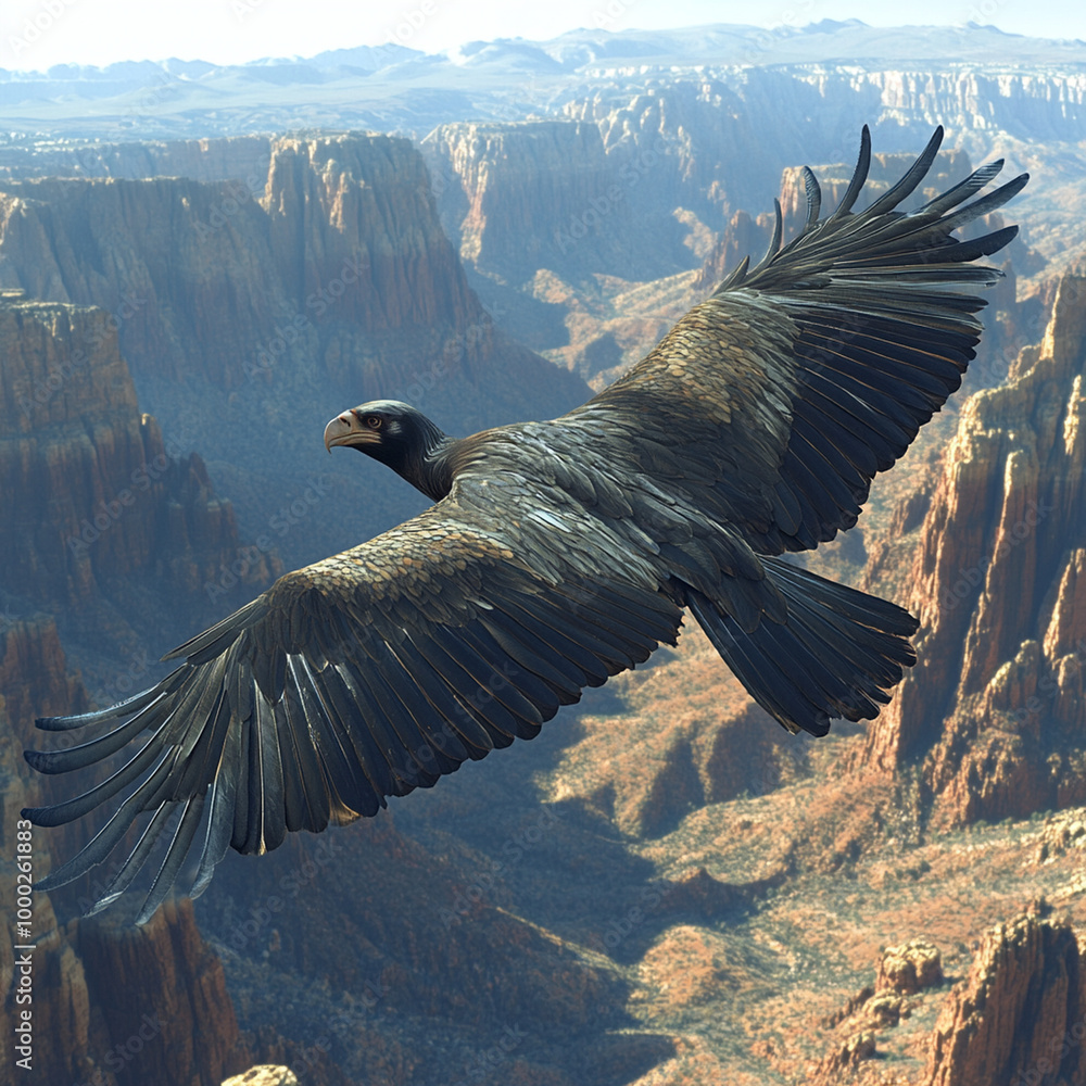 A California Condor glides majestically over vast canyon, showcasing ...