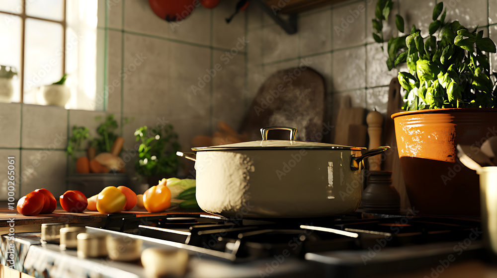 An ultra-sharp, high-definition image of a simmering pot on a stove in ...