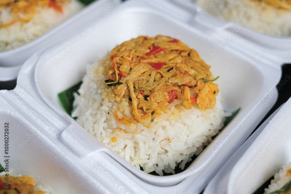 Boxed rice. Rows of packaged rice boxes, spicy seasoned shredded ...